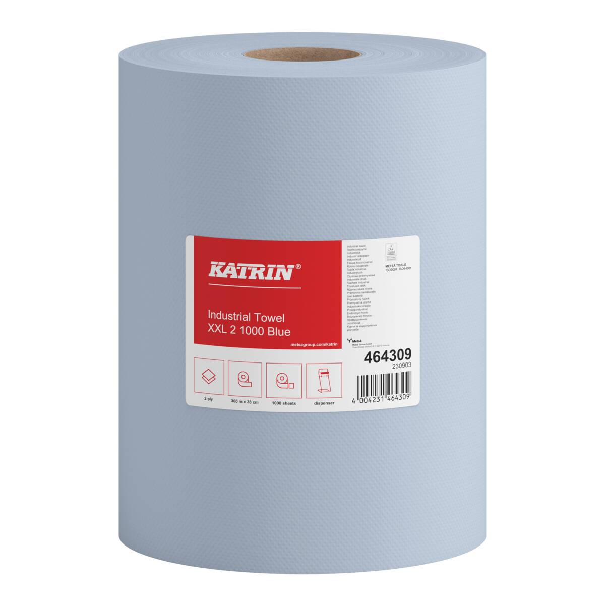 464309 Katrin Industrial Wipes Roll XXL 1000 Sheets 2-Ply, Blue
