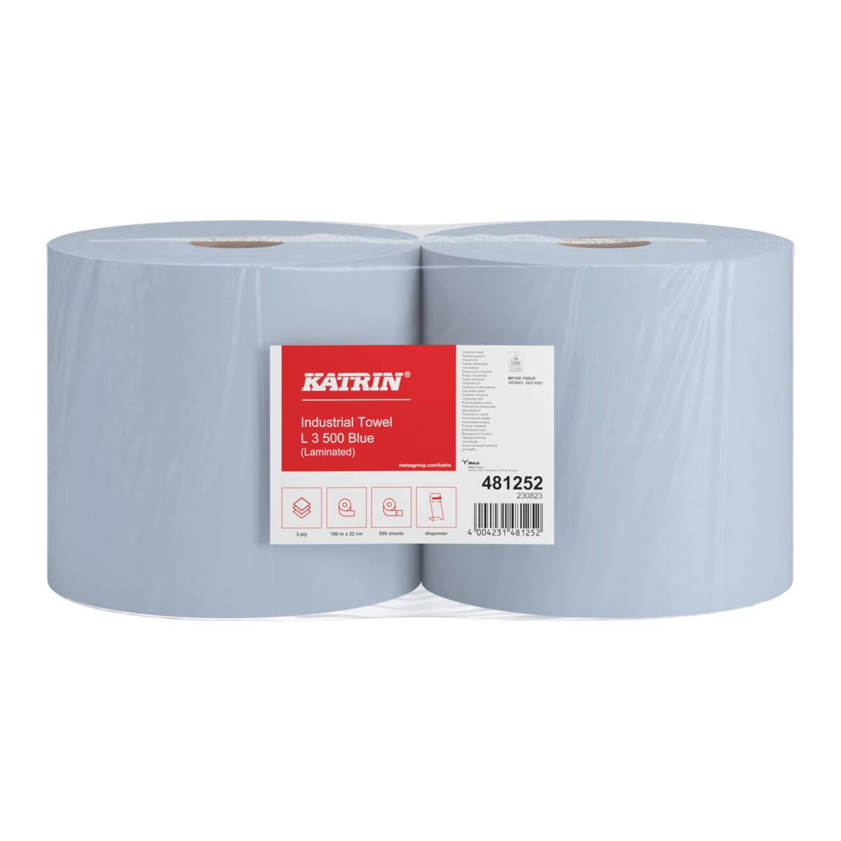 481252 Katrin Industrial Wipes Roll XXL 500 Sheets 3-Ply Laminated, Blue