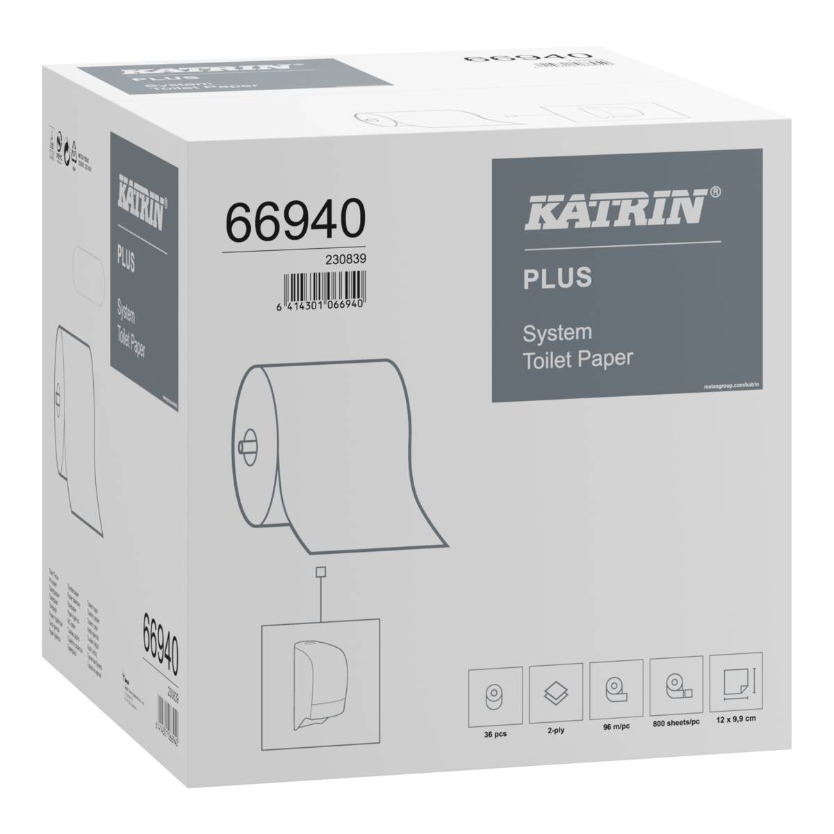 66940 Katrin Plus Dispenser Toilet Paper Roll System 800 Sheets 2-Ply