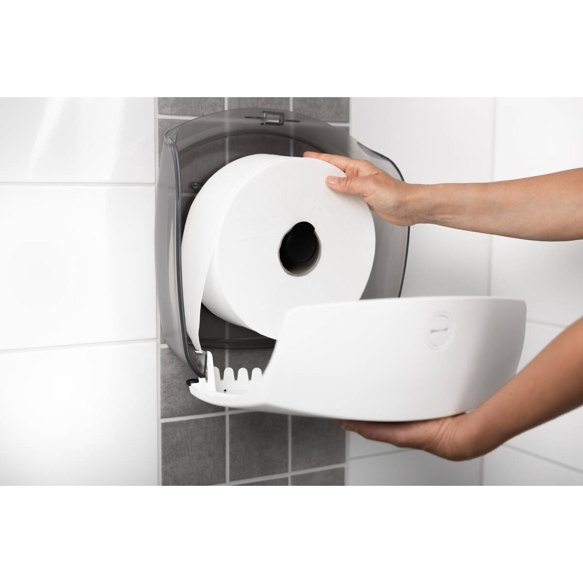 82148 Katrin Plastic Dispenser Large For Jumbo Toilet Paper Roll, White