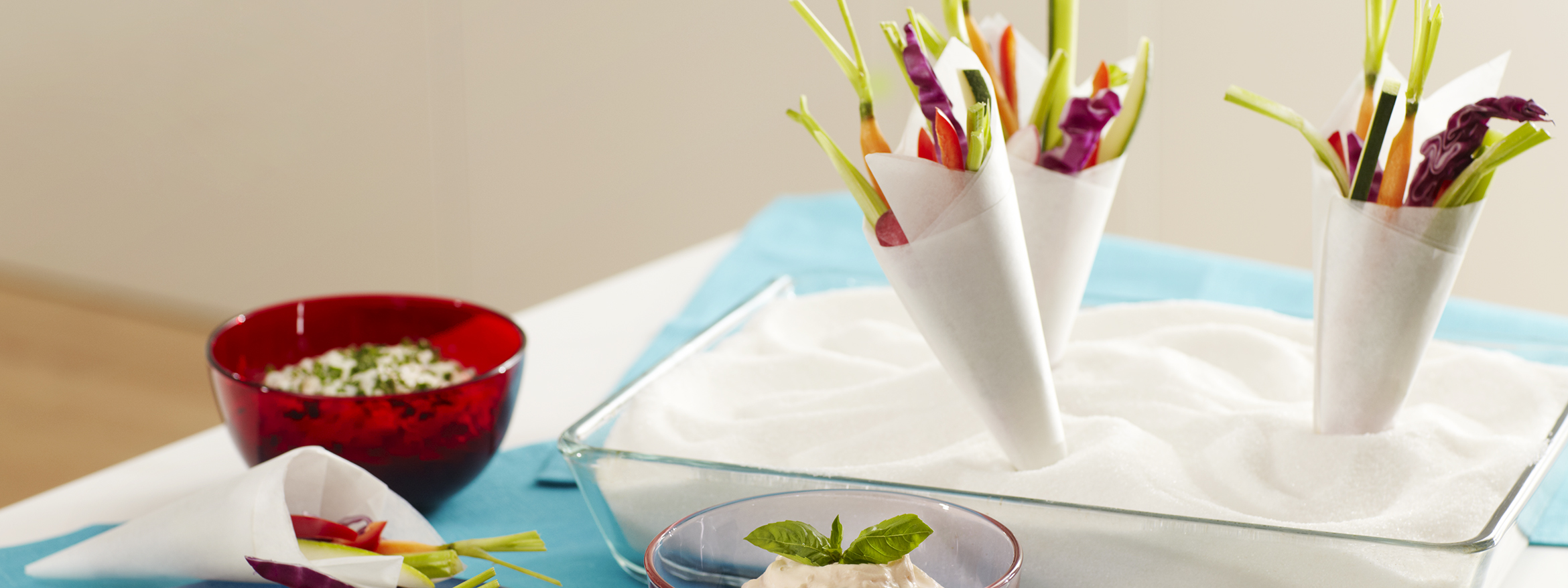Vegetables and Dip in Paper Cones